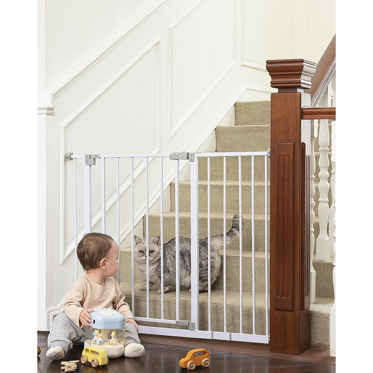 InnoTruth Extra Tall Baby Gate for Stairs and Doorways, 29" to 39.6" Width with 36" Height,Dog Gate for The House with Wall Pressure Mounted Frame, Auto Close Pet Gates for Toddler,Milk White