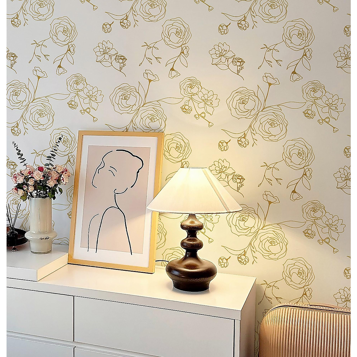 Safiyya 78.7"x17.3" Peel and Stick Wallpaper Gold and White Contact Paper Floral Wallpaper Self Adhesive Removable Wallpaper for Bedroom Covering Vinyl Rolls