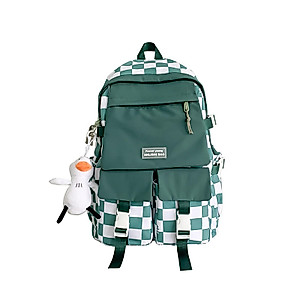 MEOKIM Kawaii backpack student schoolbag large-capacity backpack black and white plaid cute girls campus backpack(Green)