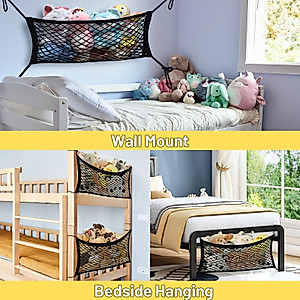 Stuffed Animal Storage Net for Kids, Bedside Toy Organizer Net - Neatly Store Your Stuffed Animals, Elastic Bedside Stuffed Animal Storage Net with Tether, Stretches up to 32 Inches, Black