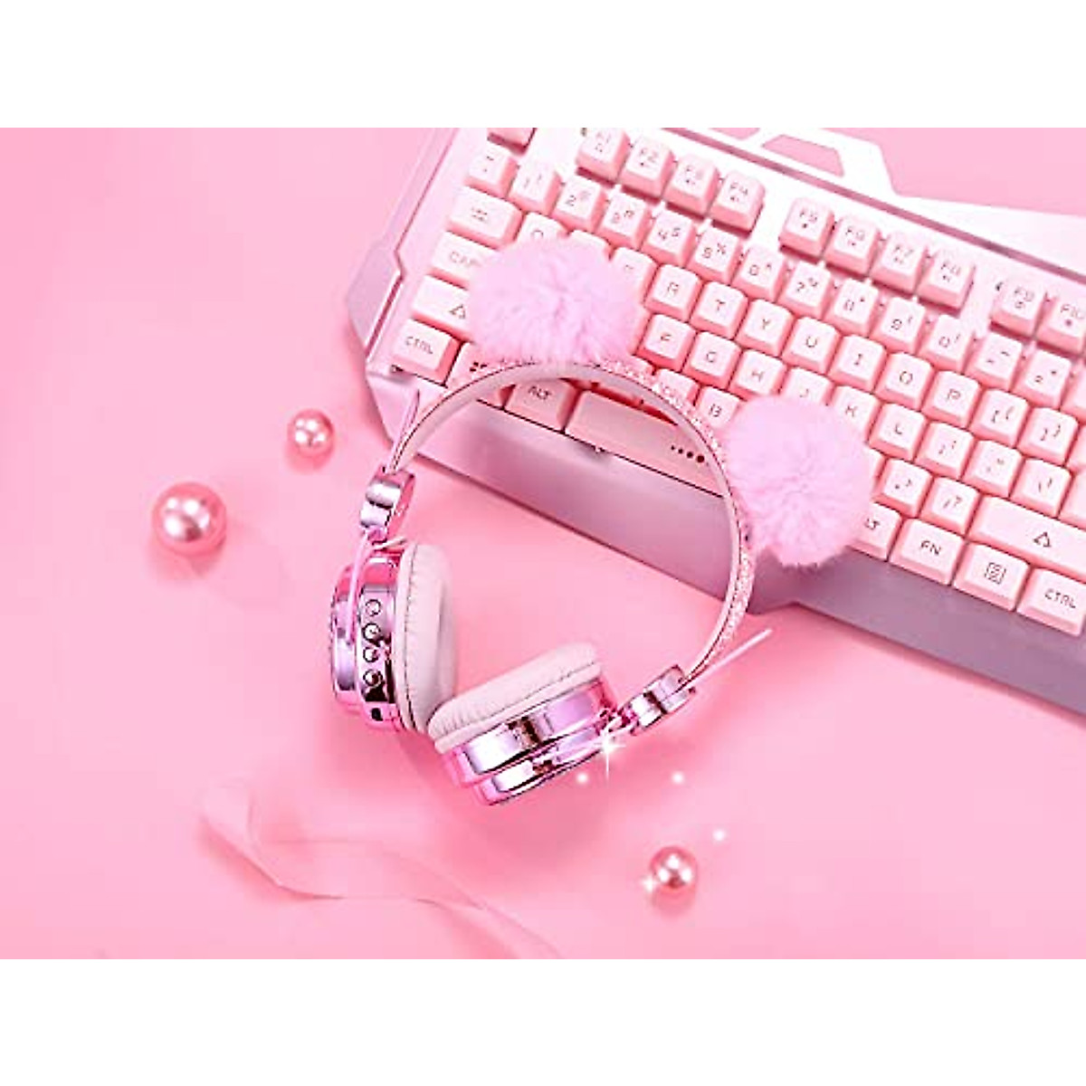 KORABA Wireless , LED Light up Color Changing Girls Bluetooth Headsets with MIC, 10 Hours 5.0 Bluetooth Headphones for School, Christmas (Pink)