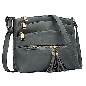 KKXIU Multiple pocket Fashion Leather Crossbody Bags for Women and Ladies Shoulder Purses with Tassel (Grey)