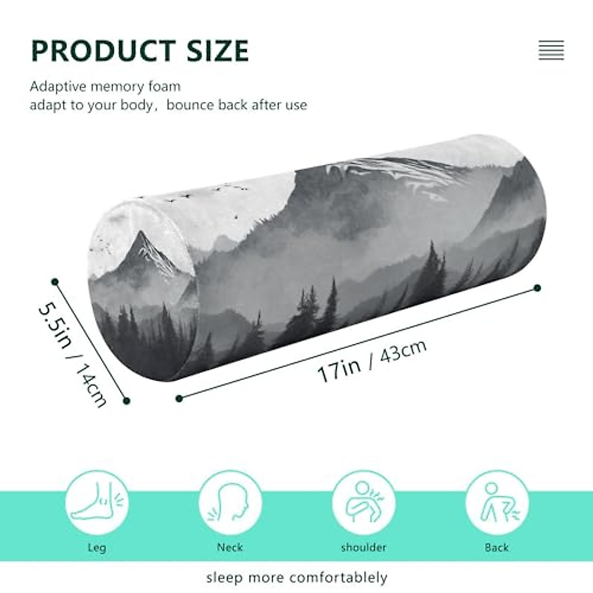 xigua Mountain Landscape Neck Roll Pillow for Neck Relief with Removable Washable Cover - Memory Foam Round Cylinder Bolster, Ergonomically Designed for Head, Neck, Back, and Legs