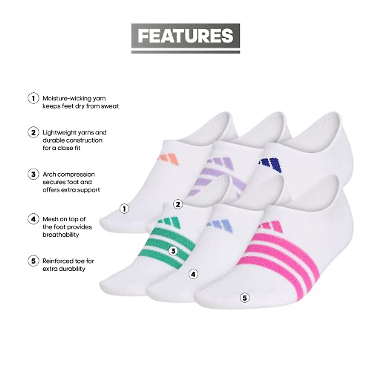 adidas Women's Superlite Super No Show Socks (6-pair), White/Lucid Fuchsia Pink/Blue Fusion, Medium