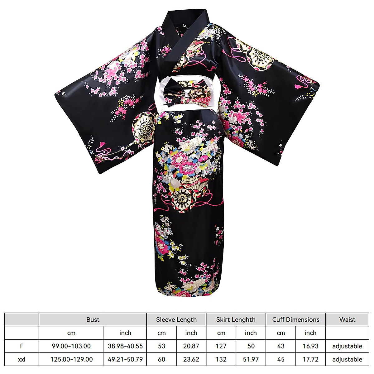 PLULON 5Pcs Japanese Robe Geisha Yukata Dress Blossom Satin Bathrobe with Drawstring Bag Hand Fan Hairpin Tabi Socks Set for Women