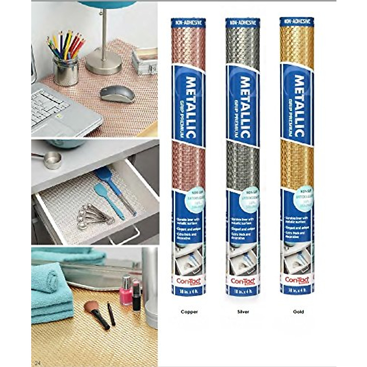 Con-Tact Brand Metallic Grip Premium Nοn-Adhesive Non-Slip Counter Top, Drawer and Shelf Liner, 18" x 4', Copper