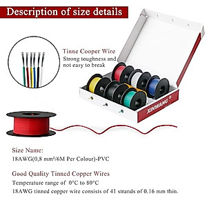 Electrical Wire,18 Gauge Wire,18 awg Wire-XINWANG 18 Gauge Stranded Tinned Copper Wire with PVC Insulation((OD:2.0 mm) 6 Colors,20ft Each, Hook Up Wire Kit