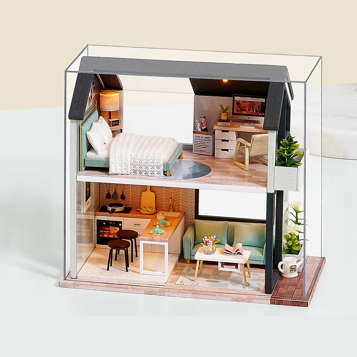 Spilay DIY Dollhouse Miniature with Wooden Furniture,DIY Dollhouse Kit with Dust Proof and Music Movement,1:24 Scale Creative Room Gift Idea for Adult Friend Lover(Meet Happiness)