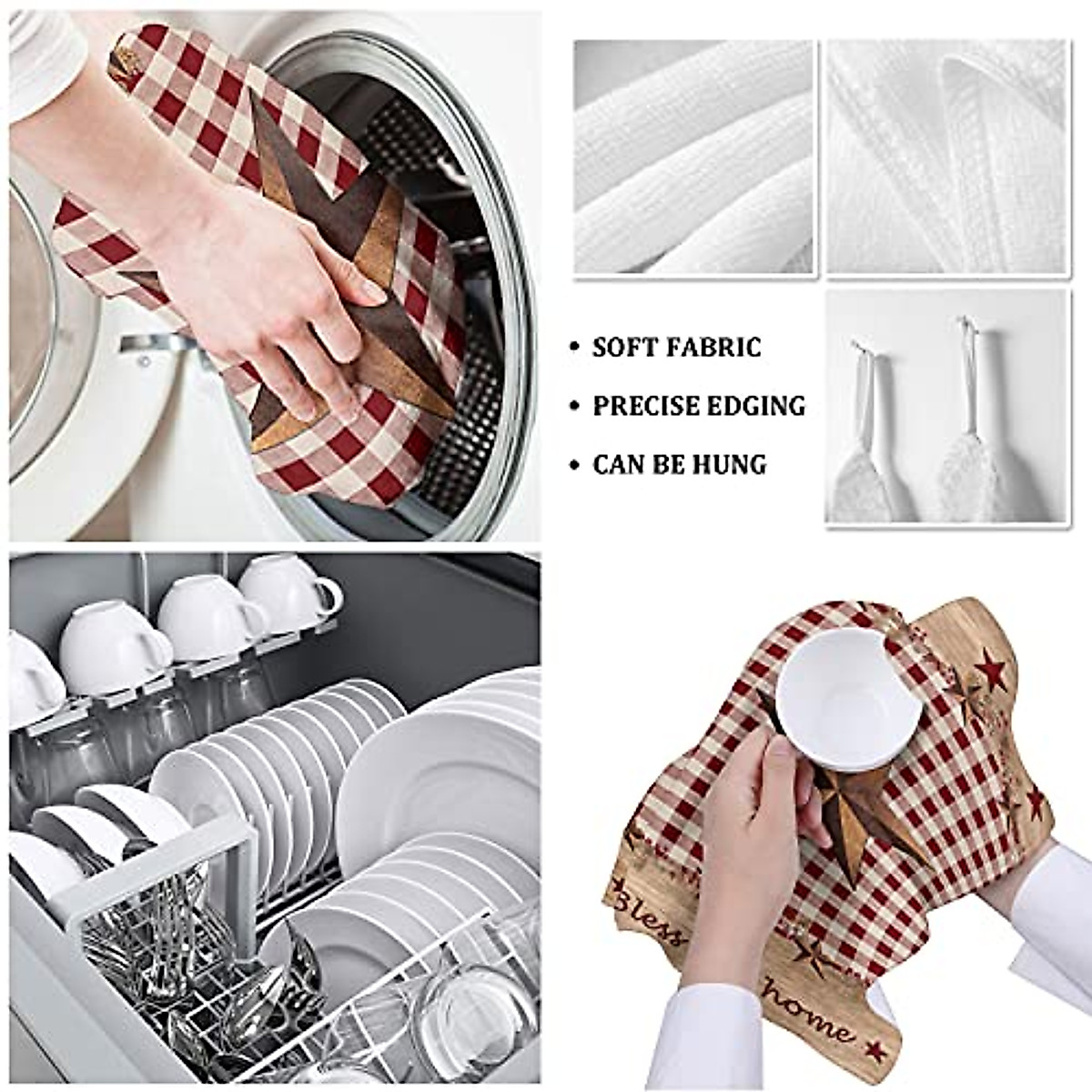 ArneCase Kitchen Towels Super Soft Dish Towels Bless Our Home Western Texas Star with Berries on Retro Red Plaid Heat-Insulation Dish Cloths for Cooking, Cleaning 3PCS-18x28 inch