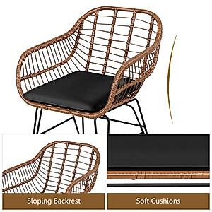 DORTALA 3 Piece Patio Bistro Set, Outdoor Wicker Furniture with Round Tempered Glass Top Table & 2 Rattan Armchairs, Cushions, Conversation Set for Porch, Backyard, Garden, Black