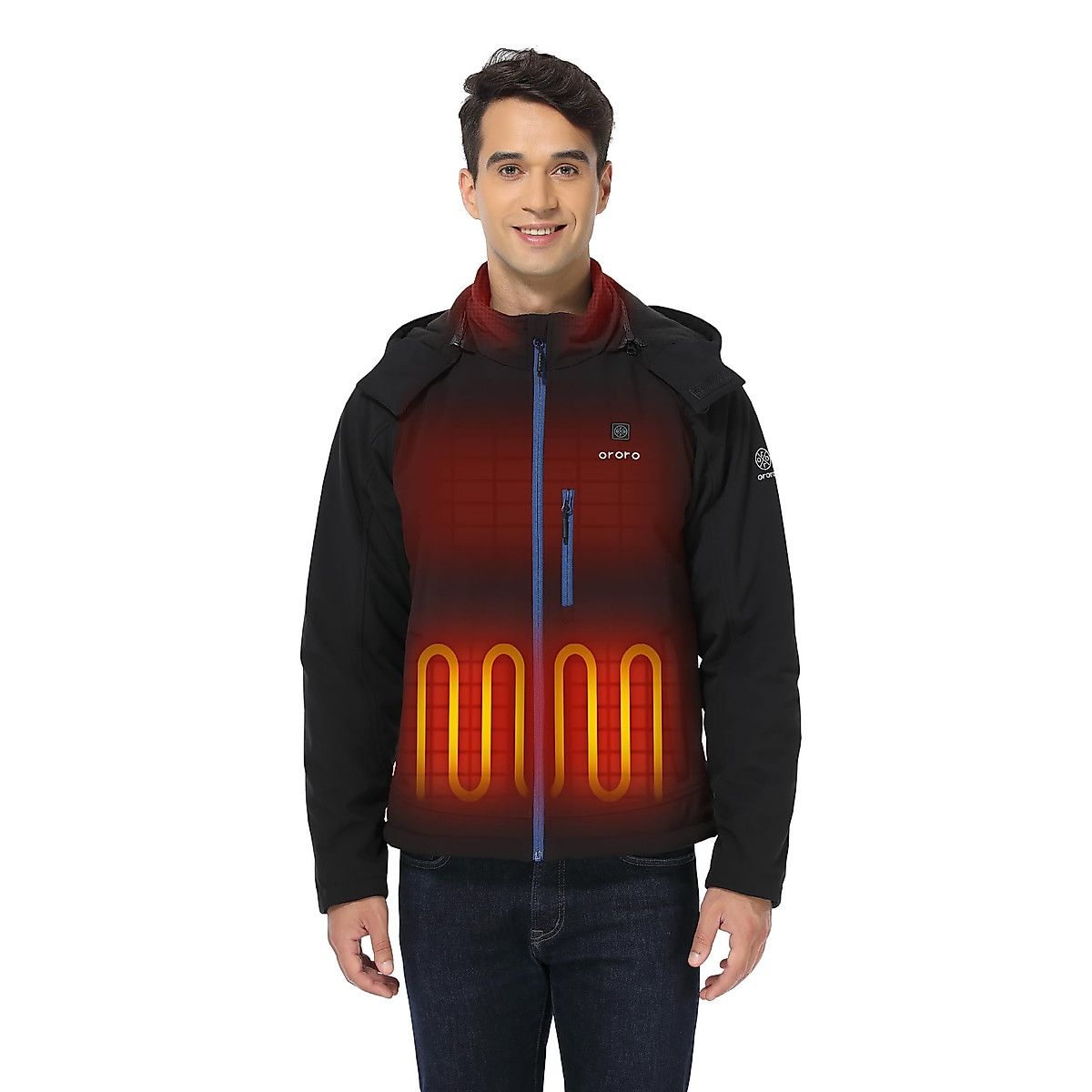 ORORO Men's 4 Heat-Zone Heated Jacket with Battery, Soft Shell Heated Jacket with Detachable Hood (Black/Blue, 2XL) (Charger Not Included)