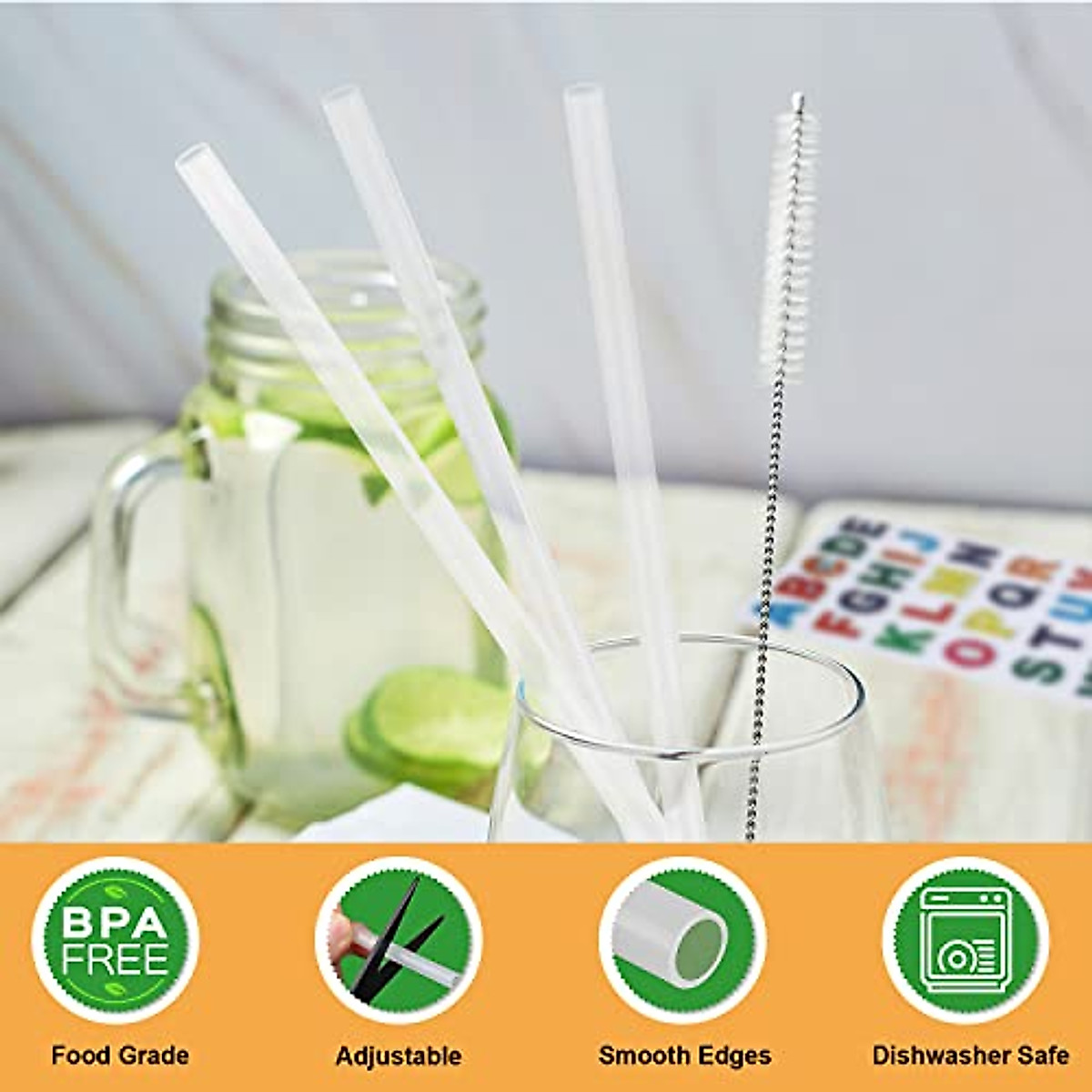 Desing Wish 6 PCS Replacement Straws Compatible with Hydro Flask/Stanley IceFlow Wide Mouth Bottle Straw Lid, BPA Free Water Bottle Straw for Wide Mouth Straw Cap with 3 Brushes and Some Stickers