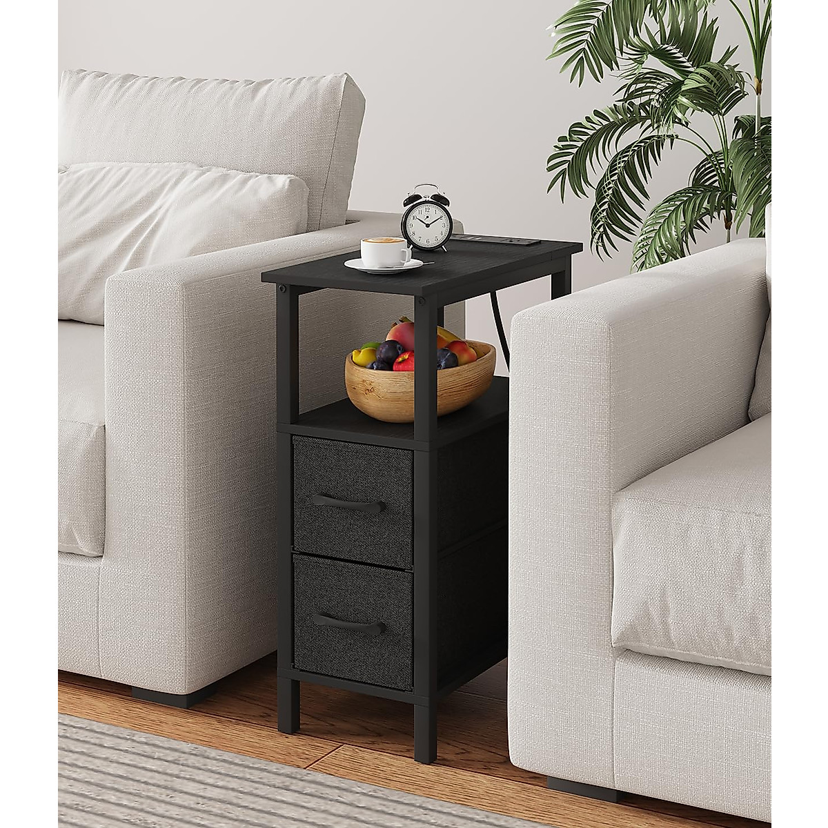 VIMBER Narrow Side Table for Small Spaces, Skinny End Table with Charging Station, Sofa Beside Table with 2 Drawers 1 Open Compartment, Slim Nightstand with USB Ports Outlet, Rustic and Brown UTBT004F