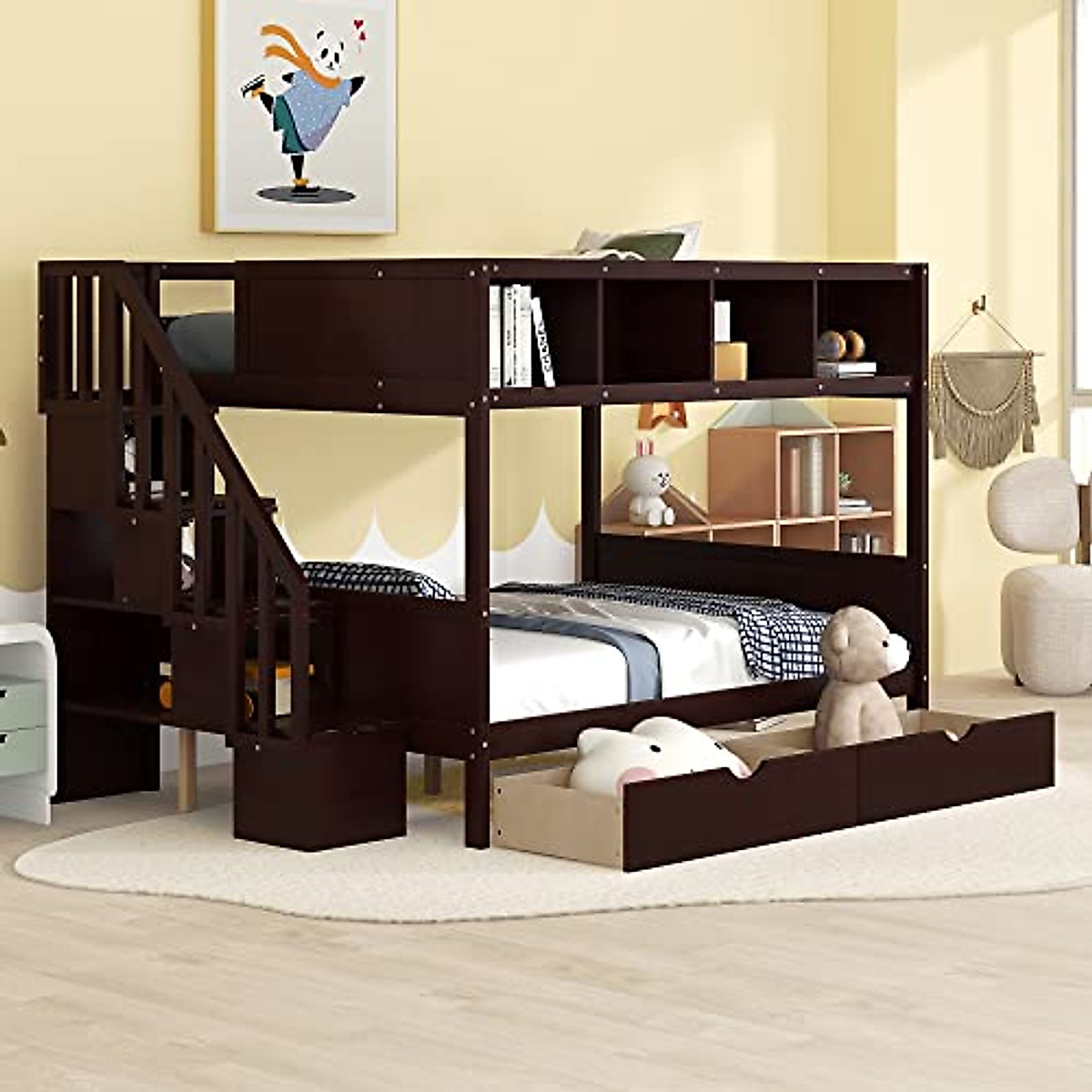 Twin Over Full Bunk Bed with Built-in Storage Shelves and 2 Drawers,Stairway Bunk Bed for Kids Bedroom, Home, Solid Wood Bunk Bed for Kids Teens Boys Girls, No Box Spring Needed