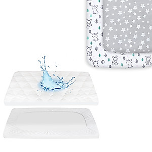 Pack and Play Sheets, 2 Pack Mini Crib Sheets, Stretchy Pack n Play Playard Fitted Sheet and Pack N Play Mattress Pad, Fit Graco Pack 'n Play Travel Dome LX Playard, Waterproof Soft Quilted