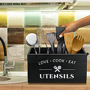 MINCORD Kitchen Utensil Holder with 3 Compartments, Rustic Wooden Utensils Storage Organizer Box Vintage Cutlery Holder, Farmhouse Flatware Utensil Caddy Countertop for Silverware Fork Spoon Spatula