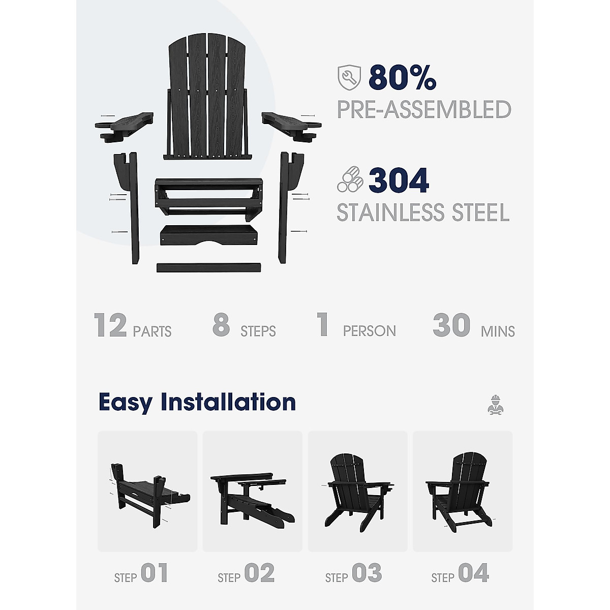 KINGYES Chair with Cup Holder, Wood-Like Reclining Versatile Adirondack Chair, Black