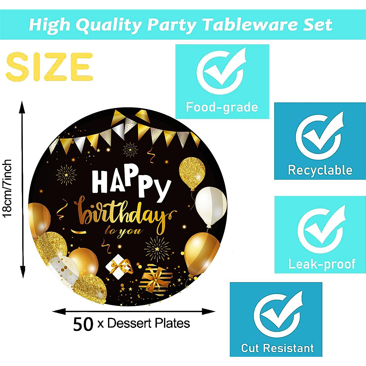 GOGUOGOFA 50 Pcs Black and Gold Birthday Party Supplies,Happy Birthday Party Plates 7" Black and Gold Plates,Cheer Birthday Plates,for 30th 40th 50th 60th 70th 80th Anniversary Birthday Party Decor