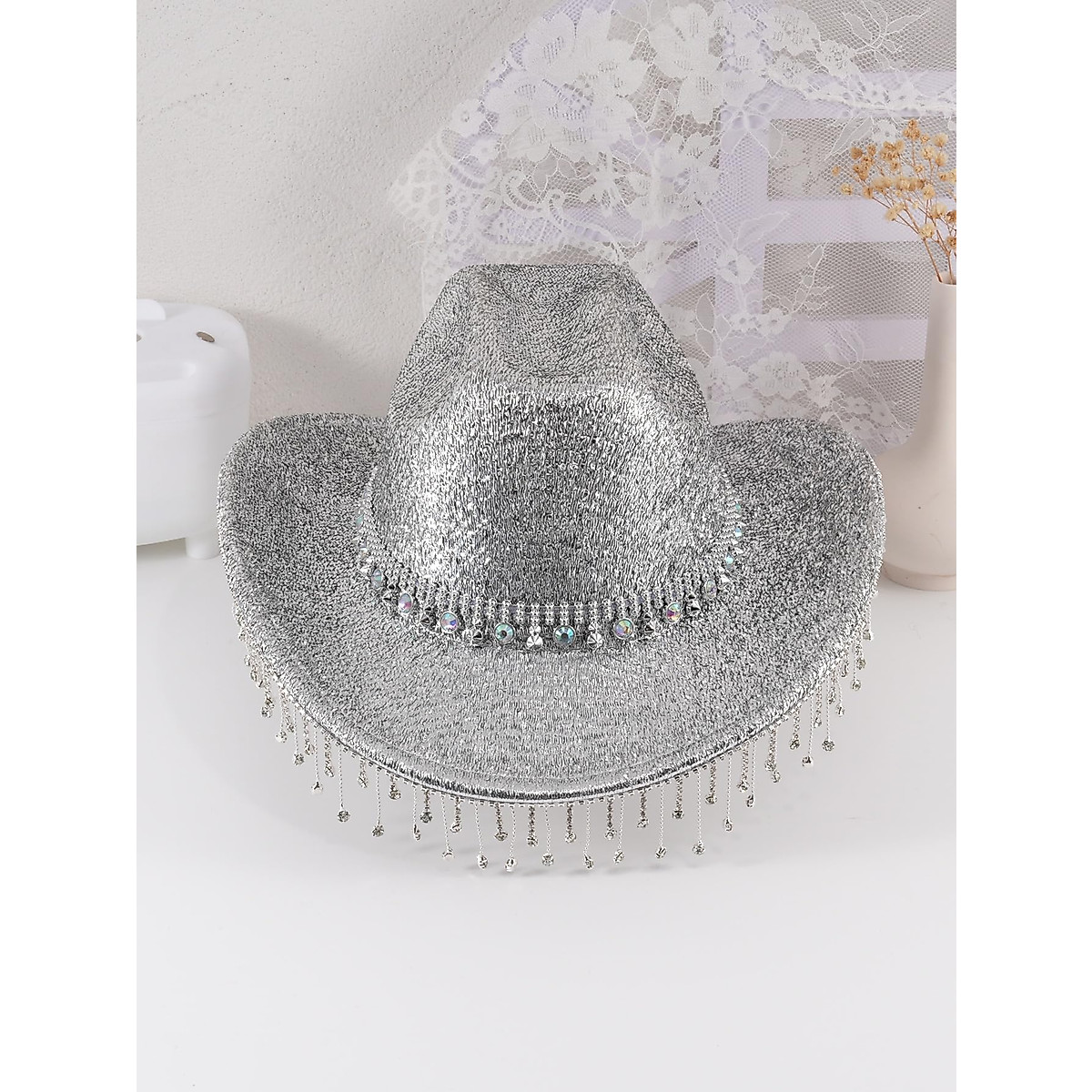QWINEE Cowboy Hat for Adult Wide Brim Solid Color Western Cowboy Hat with Fringed Rhinestone Novelty Funny Party Cowgirl Hat Silver one-Size