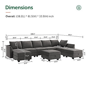 HONBAY Modular Sectional Sofa Set Oversized U Shaped Couch with Storage Ottoman Convertible Sleeper Sectional Sofa Velvet Modular Couch with Wide Chaise, Grey