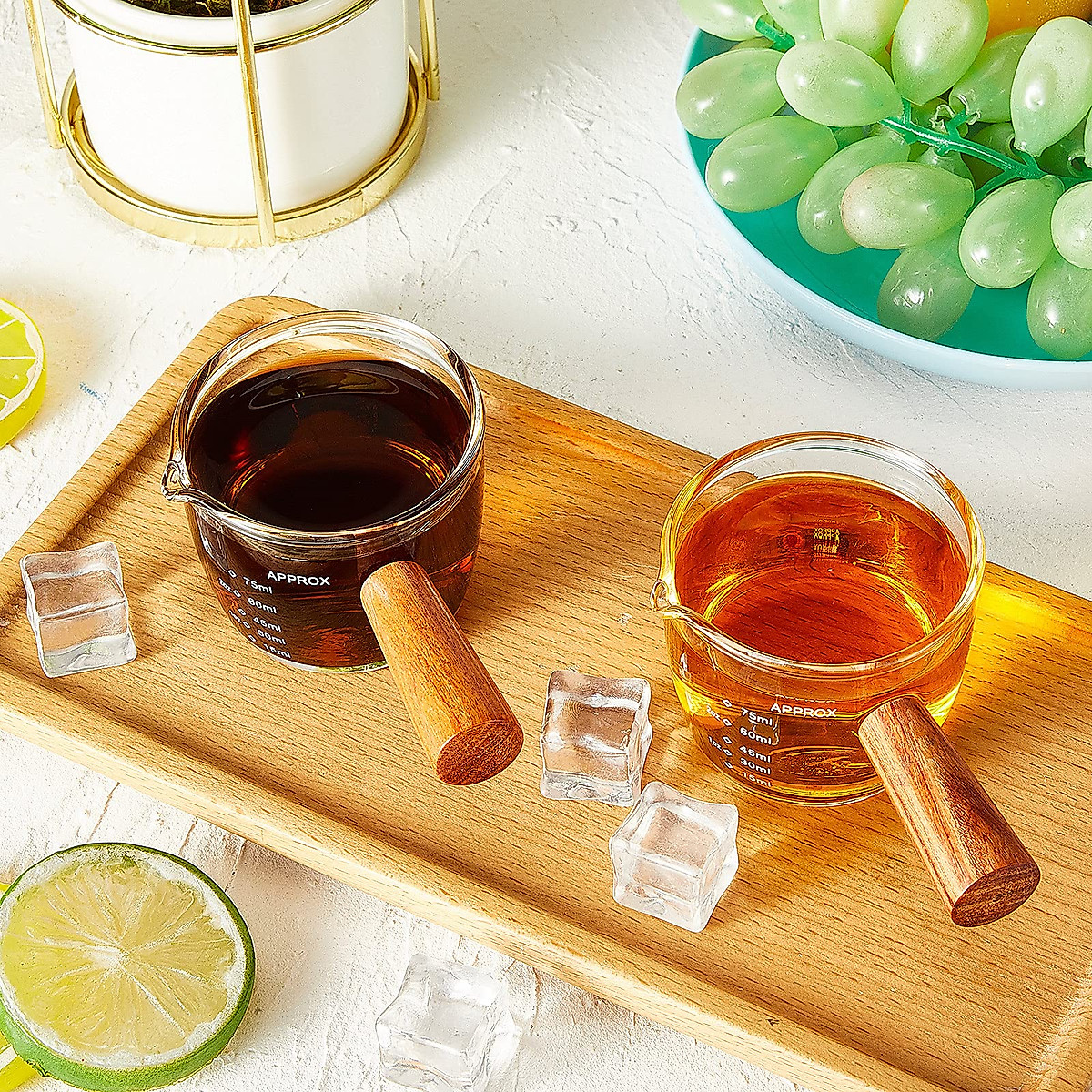 Tanlade Single Spout Espresso Shot Glass 75ML with Wood Handle Espresso Glass Carafe Shot Glass Measuring Cup Mini Milk Glass Cup with Handle for Milk Coffee Espresso Making (Clear, 1 Piece)