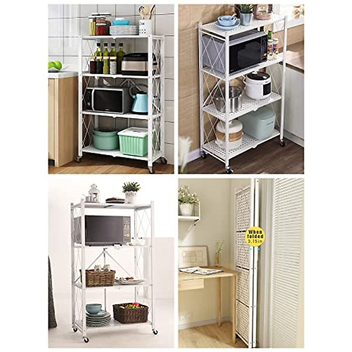 4 Tier Foldable Shelving Unit, Lanstics Folding Shelves Heavy Duty Storage Shelving with Wheels Metal Shelf Standing Shelves Units for Home Kitchen Living Room