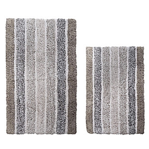 Ramanta Home Alpine Stripe Bath Rug Set of 2- Light Grey, Non Slip Bathroom Mat, 100% Cotton Kitchen Living Room Rugs, Machine Washable, 21x32 & 17x24 Inches