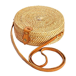 Rattan Bags for Women - Handmade Wicker Woven Purse Handbag Circle Boho Bag Bali (Brown Small)