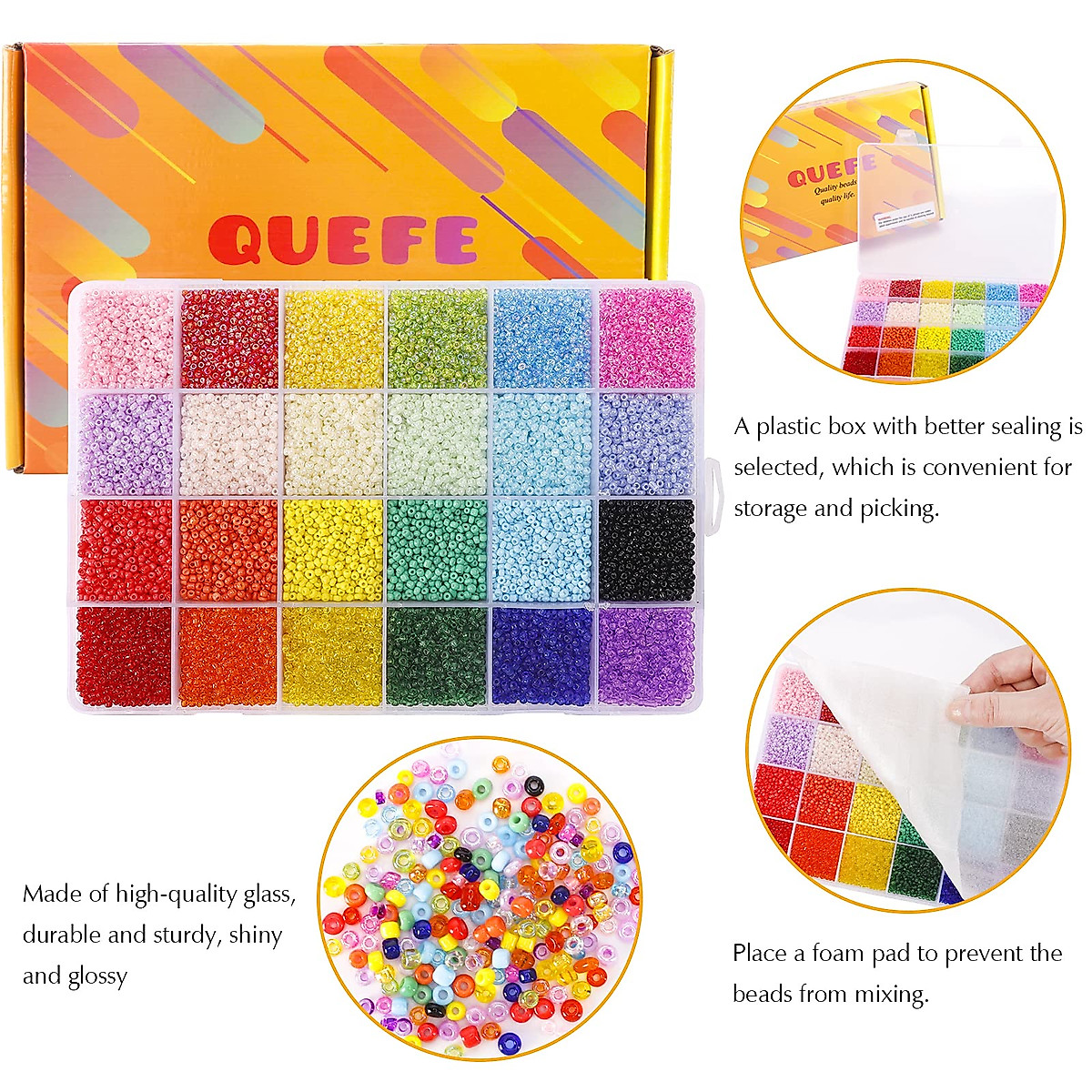 Quefe 26400pcs 2mm Glass Seed Beads 24 Colors Small Beads Kit Bracelet Beads with 24-Grid Plastic Storage Box for Jewelry Making