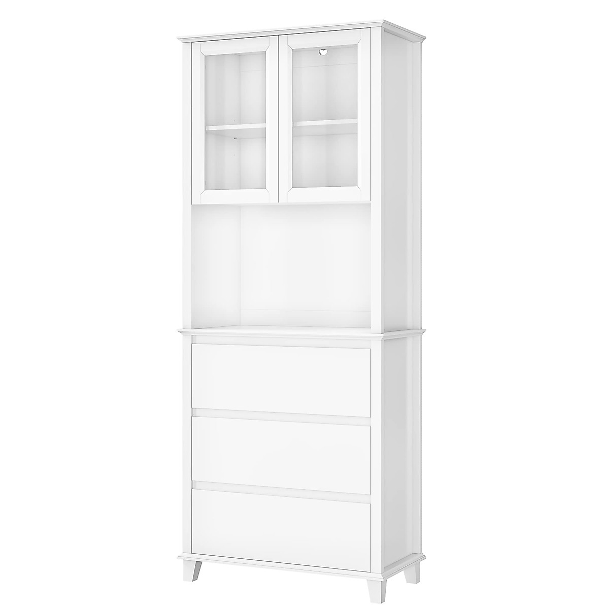 FACBOTALL 76'' Kitchen Pantry Storage Cabinet, Kitchen Buffet with Hutch, Tall Hutch Cabinet with Glass Doors, Coffee Countertop and 3 Large Drawers for Dining Living Room, White