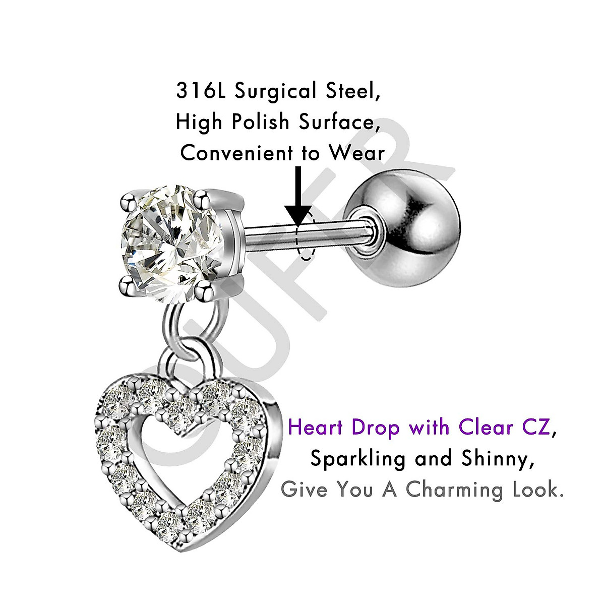 OUFER 16G 316L Stainless Steel Cartilage Earring Stud Heart Shape Dangle Helix Earrings Body Ear Piercing