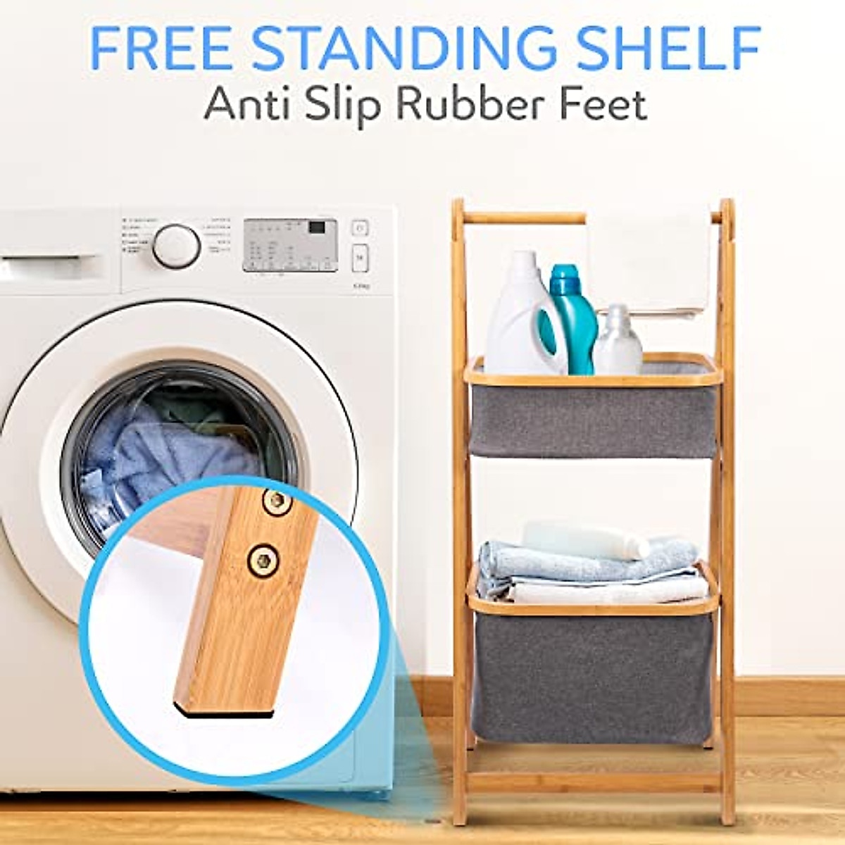SerenelifeHome 2 Tier Fold Out Floor Standing Bathroom Storage Tower Shelf Collapsible Hamper Shelves Bamboo Wooden Drawers Small Ladder Organizer Shelving Corner Stand Unit for Bedroom Laundry Room