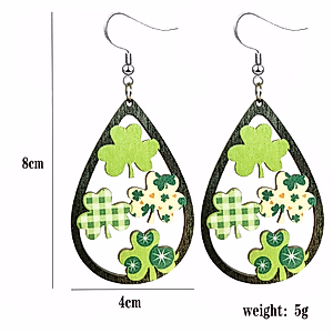 CSIYANJRY99 St Patrick's Day Shamrock Earrings Wooden Irish Teardrop Dangle Four Clover Leaf Wood Hat Horseshoe Love Drop Earrings for Women Jewelry (3)