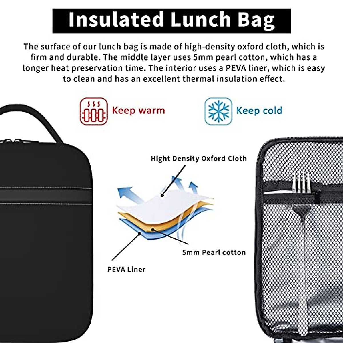 MDMEI Black Lunch Box Insulated Tote Lunch Bag for Adult Women Men Teen Boys Kids, Reusable Durable Freezable Thermal Cooler Bag for School Work Hiking Travel Picnic