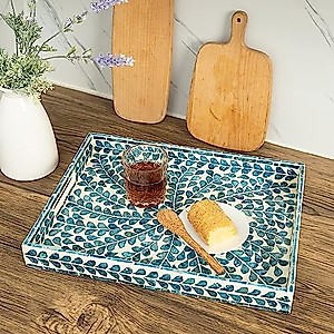 CLAYNIX Serving Tray 15.7" X11.8", Lacquer Mother of Pearl Inlay Mosaic Tray, Rectangle Wooden Marble Tray with Handles Trays for Tea, Breakfast in Bed, Table (Blue)