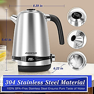 Aigostar Electric Kettle Temperature Control, Electric Tea Kettle with LED Display & 7 Presets, 304 Stainless Steel Hot Water Boiler with 120Min Keep Warm, Boil-Dry Protection, BPA Free,1.7L