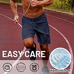 MIER Men's 7 Inch Dry Fit Athletic Running Shorts with Zipper Pockets - No Liner Workout Gym Active Shorts, Navy Blue, M