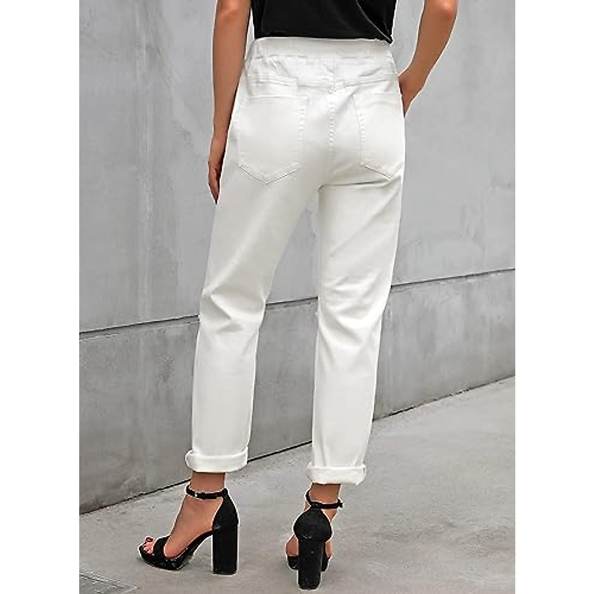 Metietila Women’s Casual Pull-on Distressed Stretch Jean Elastic Waist White Jeans Denim Joggers Pants for Women Medium