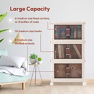 PROKTIK 30 QT 3 Tier Folding Storage Bins with Doors – Magnetic Door Foldable Storage Cabinet - Folding Storage Box with Leather Handles - Stackable and Collapsible Storage Container for Books, Pantry