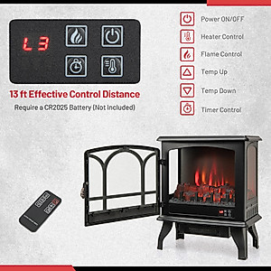Tangkula 23 Inch Electric Fireplace Stove, Freestanding Fireplace Heater with Vivid Flame Effect, 3-Sided Panoramic View, Overheat Protection, 1400W Space Heater, Ideal for Home & Office