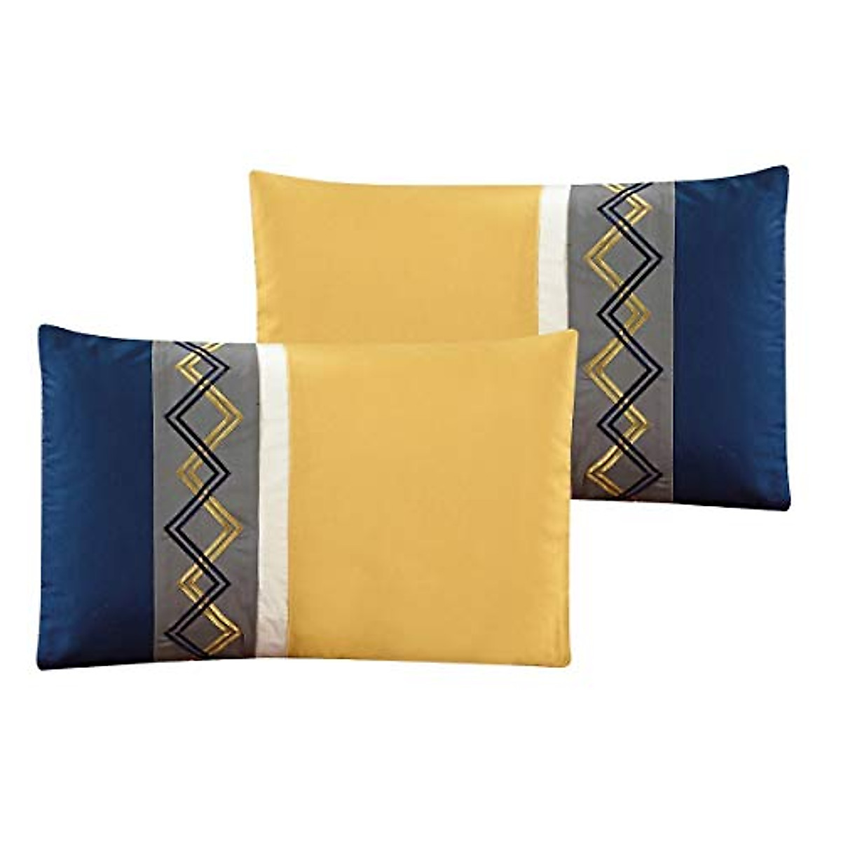 Chezmoi Collection Arden 7-Piece Modern Pleated Stripe Embroidered Zigzag Bedding Comforter Set (Queen, Navy/Gray/Yellow/White)