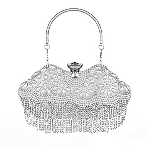 Sither Rhinestone Tassel Handbag Purses for Women Evening Handbag Purses Crystal Pearls Clutch Purses Sparkly Clutches Shoulder Chain Bags for Party Prom Christmas Gift (silver)