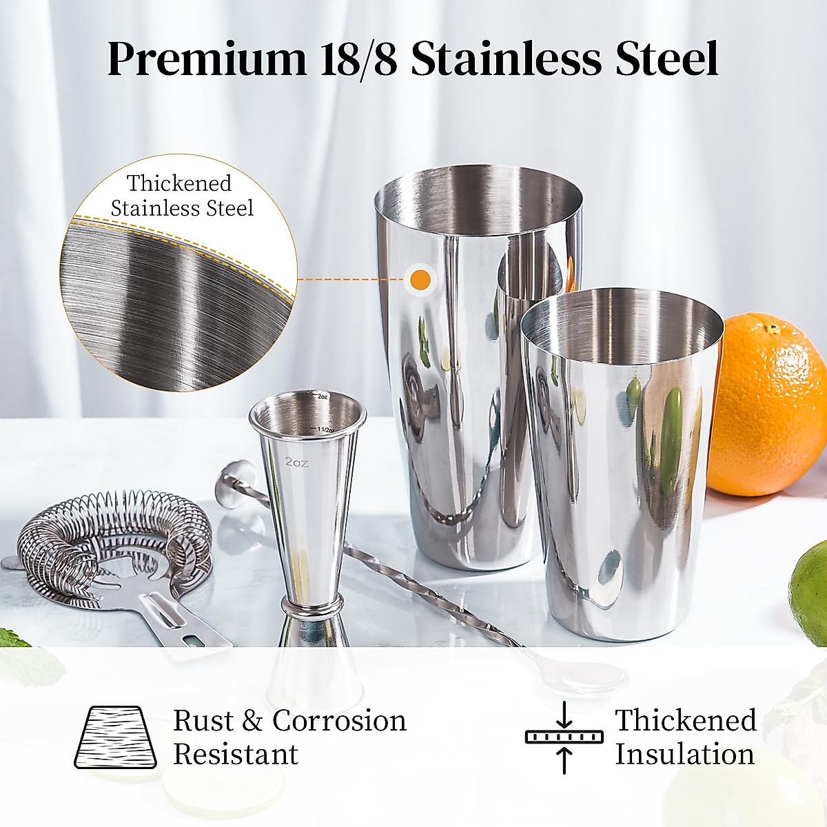 X Home Cocktail Shaker Set, Professional 4-Piece Bartender Kit with Boston Shaker, Hawthorne Strainer, Double Measuring Cocktail Jigger, and 10-inch Mixing Spoon, Bartender's Choice