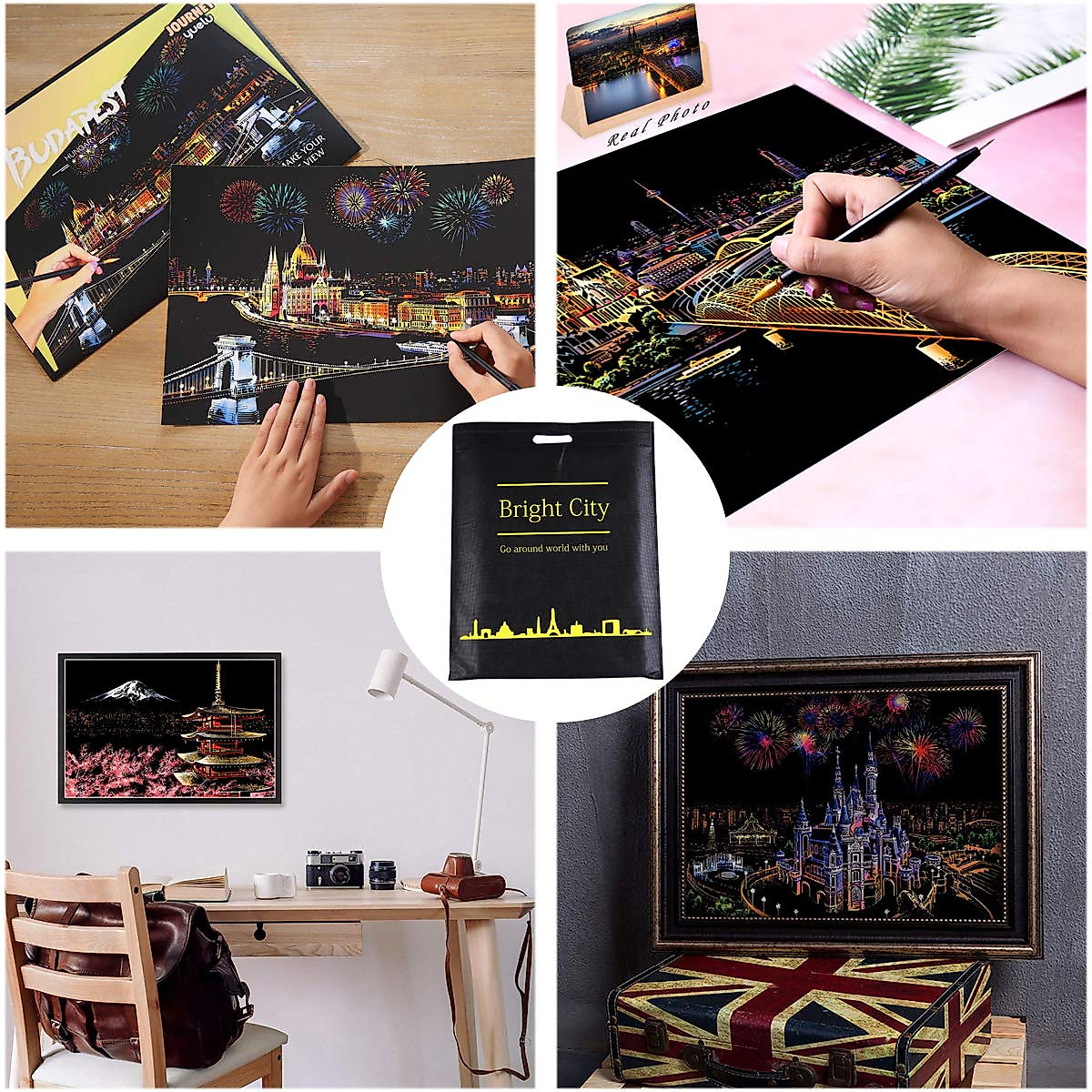 Ameolela Rainbow Scratch Painting Paper, Sketch DIY Art Craft City Series Night View Creative Gift, Scratchboard for Adults and Kids, Craft Kits with 4 Tools, Size 16x11 inches (4 Pack)