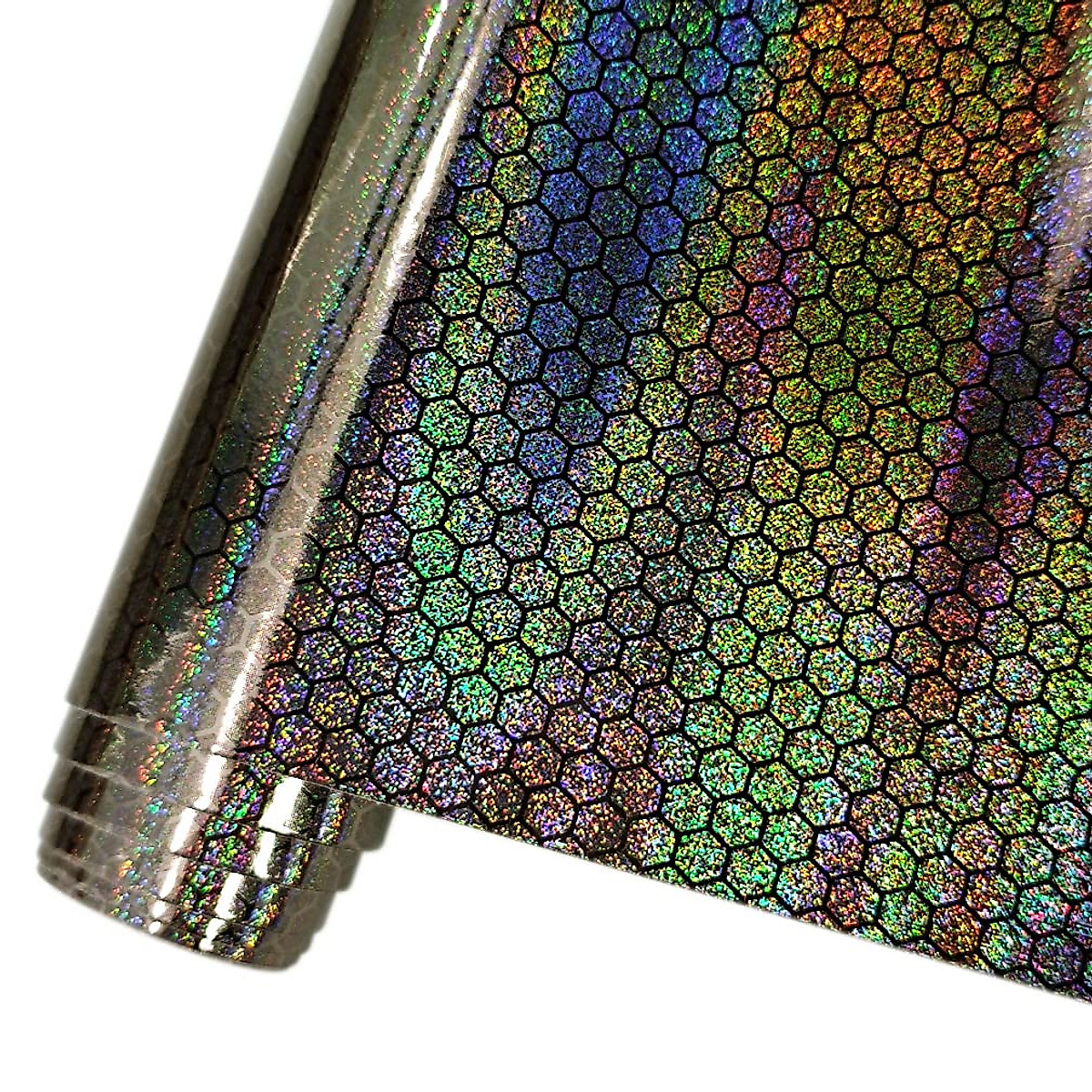 HYANG Holographic Grey Geometric Hexagon PU Faux Leather Sheets 1 Roll 12"X53"(30cmX135cm), Faux Leather Very Suitable for Crafts Making Leather Earrings, Bows, Handbag ，Sewing