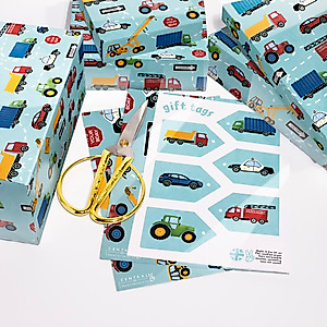 CENTRAL 23 Wrapping Paper for Boys - 6 Sheets of Birthday Gift Wrap - Police Cars Trucks and Tractors - For Kids - Children - Glossy - Recyclable