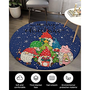 Winter Gnomes Fluffy Round Area Rug Carpets 3ft, Plush Shaggy Carpet Soft Circular Rugs, Non-Slip Fuzzy Accent Floor Mat for Living Room Bedroom Nursery Home Decor Christmas Snowflake Flower Navy Blue
