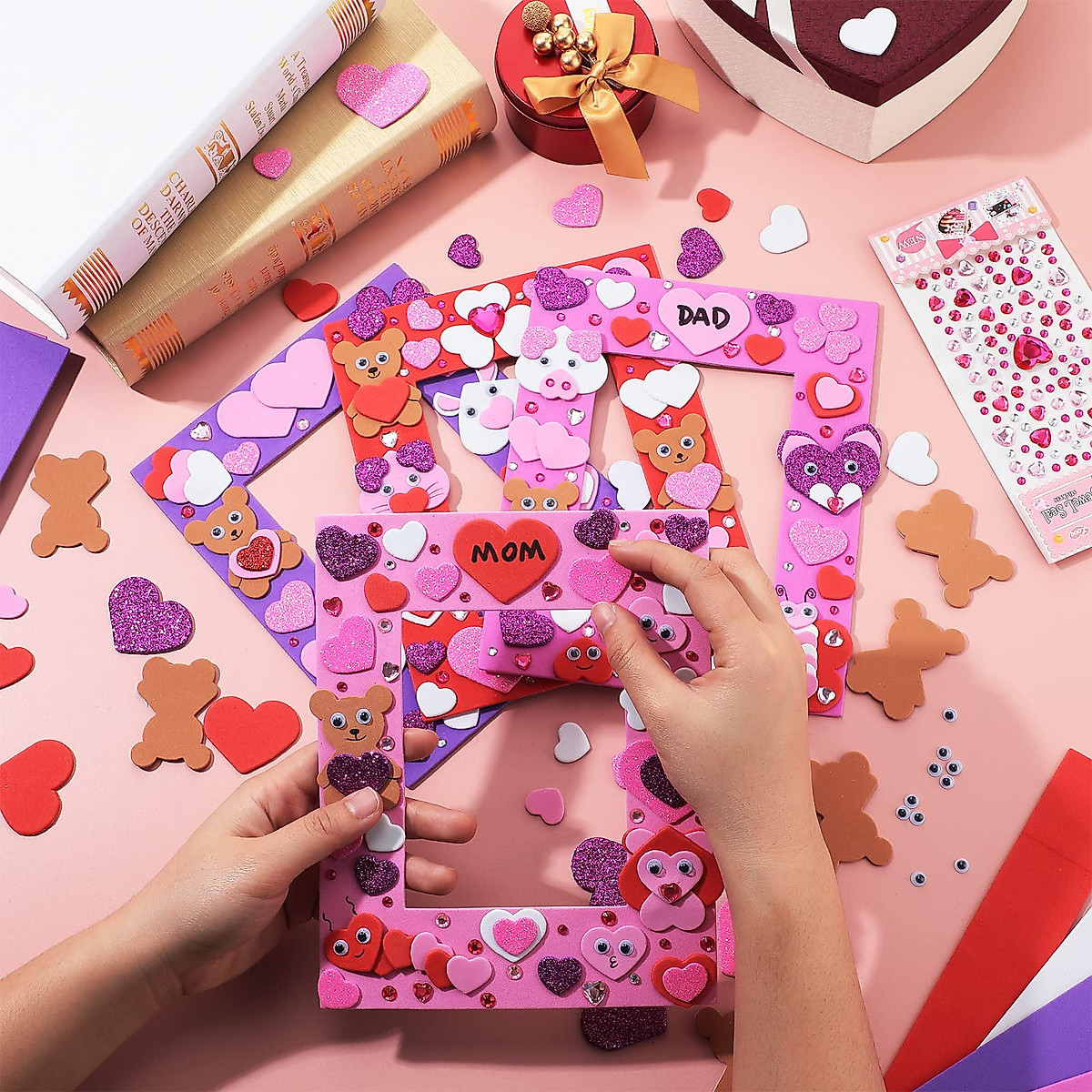 20 Sets Valentine's Day Picture Frame Craft Kits for Kids, DIY Craft Gem Stickers and Googly Eyes for Valentine's Day Mother's Day Thanksgiving Art Favor Home Class Game Activities (Romantic Heart)