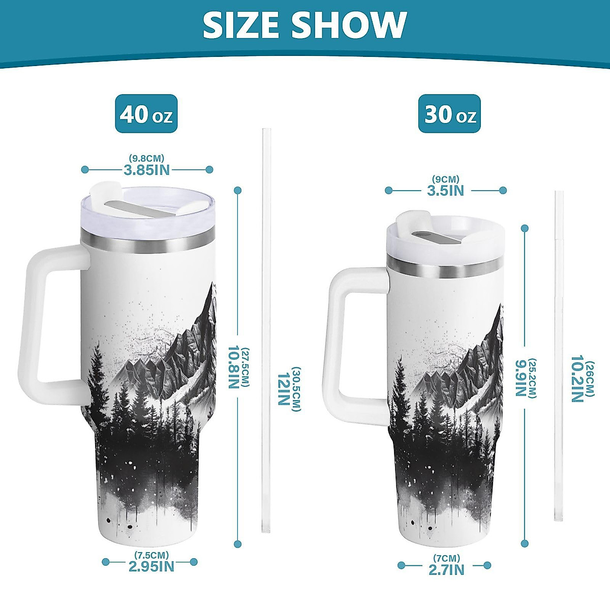 Jihqo Mountain Ink Style 40 oz Stainless Steel Vacuum Insulated Tumbler with Handle and Straw Lid, Leakproof Water Bottle Double Wall Travel Mug Coffee Cup, Cupholder Friendly