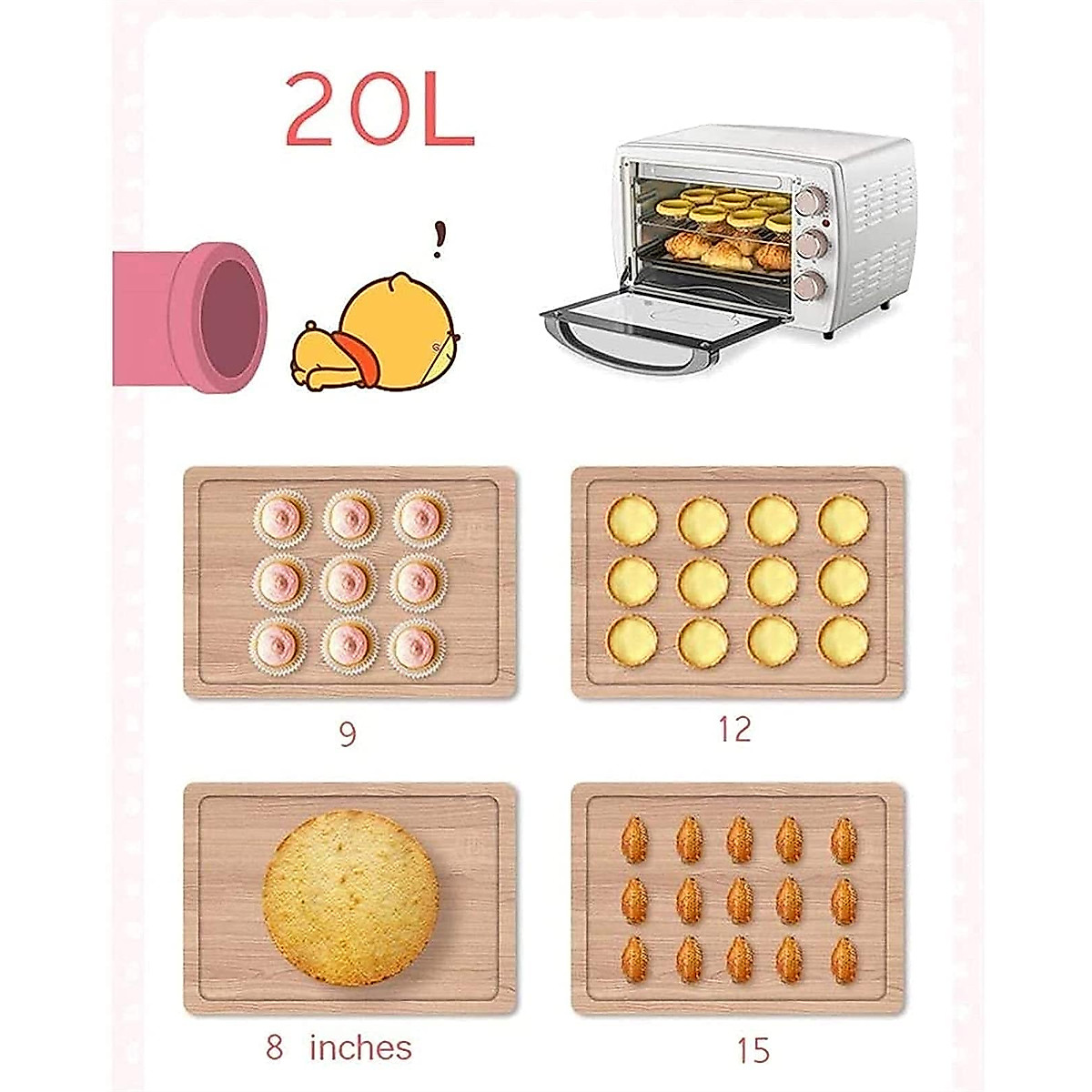 Tabletop Electric Oven 20L Multifunctional Small Oven Bread Baking Machine 1200W Includes Grilled Net, Enamel Pickup Clamp and Baking Pan